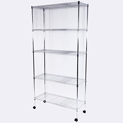 Baisha 5 Tier Rolling Storage Shelves Metal Wire Shelving Unit, Heavy Duty Commercial Grade Shelf, Height Adjustable Organizer Rack for Garage Kitchen Office, 36 L x 14 W 65 inch H (Chrome) (XM-206)