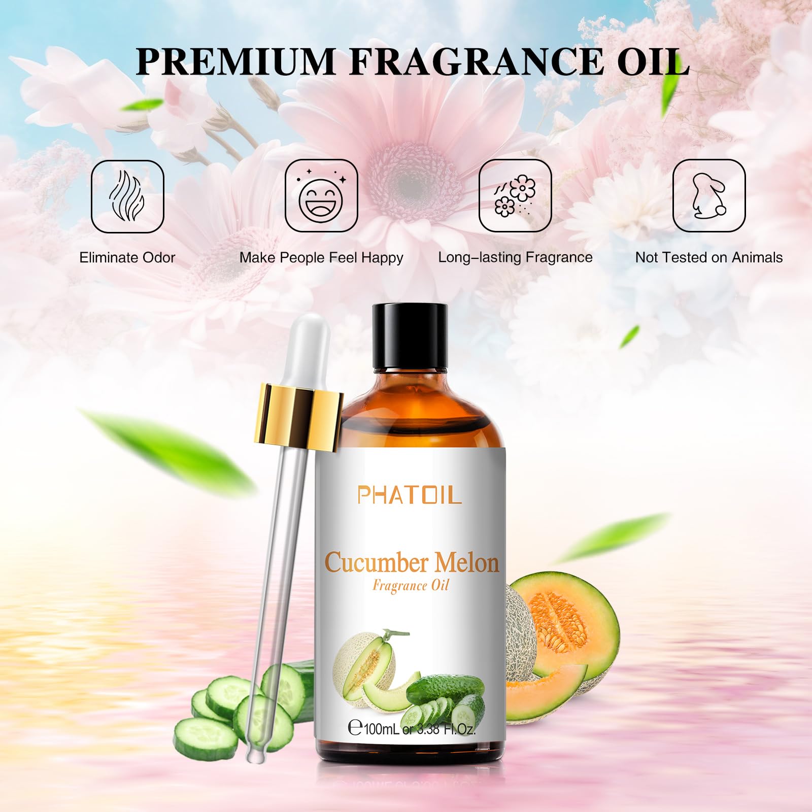 PHATOIL 3.38FL.OZ Cucumber Melon Fragrance Oils for Aromatherapy, Essential Oils for Diffusers for Home, Perfect for Diffuser, Yoga, Skin Care, DIY Candle and Soap Making - 100ml