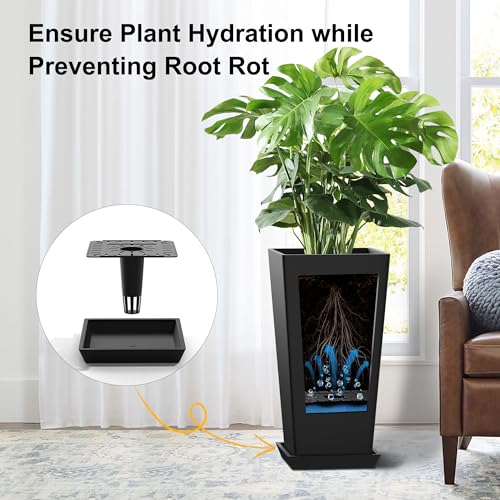 Elevens Tall Planters 20 Inch Tapered Square Planters Garden Flower Pots,Indoor/Outdoor Planter with Tray, Large Planter for Patio Black-2 Pack