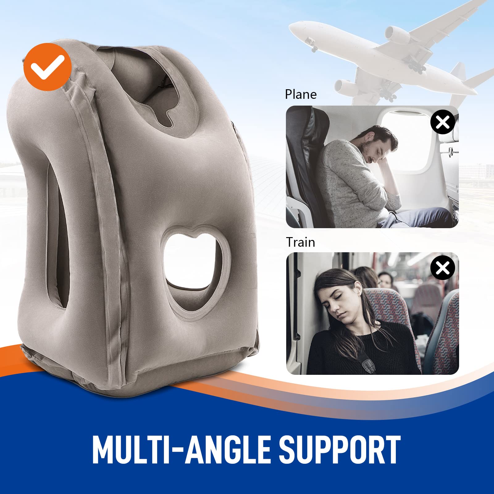 KINSCO Inflatable Travel Pillow,Airplane Neck Pillow for Airplane, Train, car Backseat, Office Lunch Break, Provides You a Comfortable Sleeping Environment. Portable Drawstring Bag (Gray)