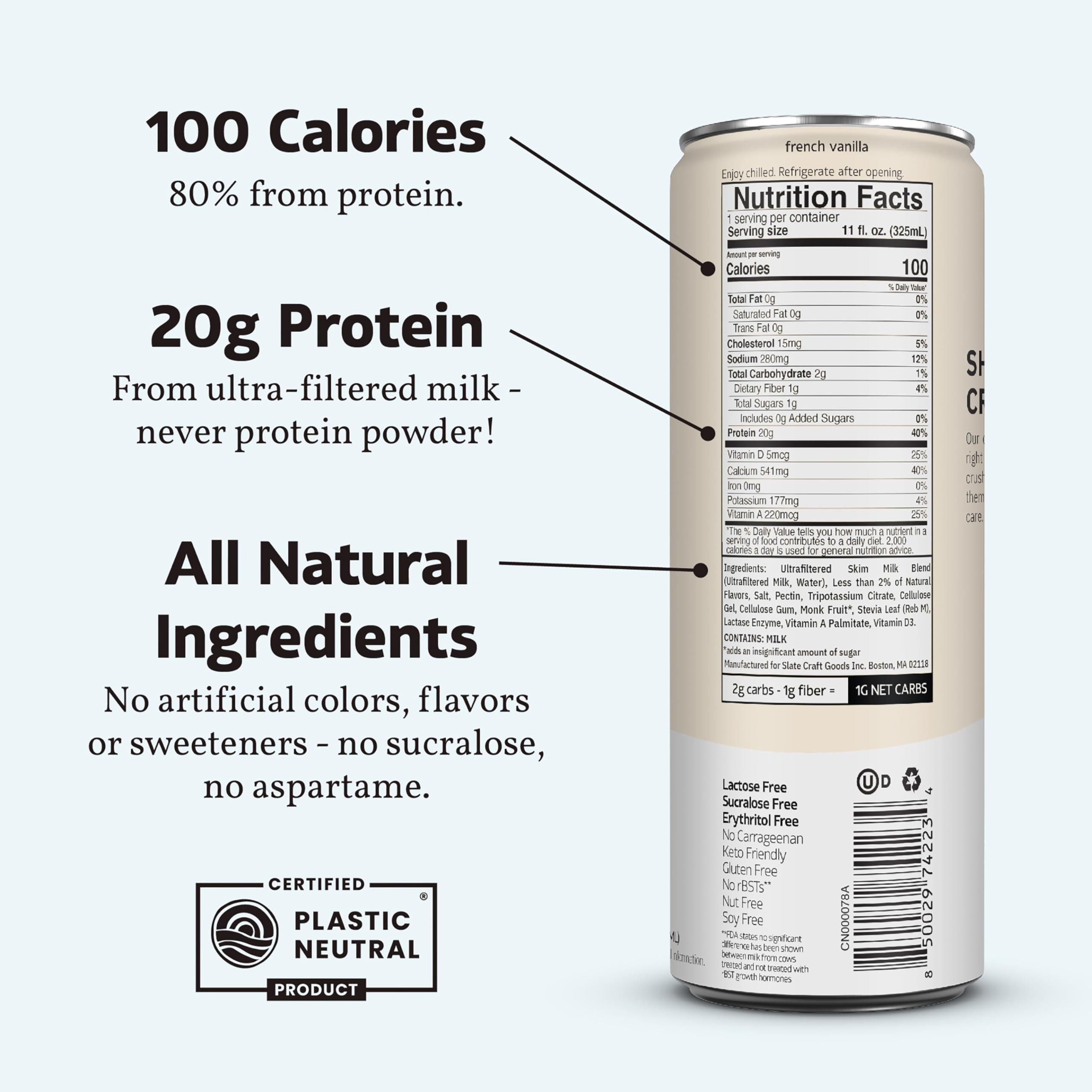 Slate Milk - High Protein Milk Shake - French Vanilla - Lactose Free, 20g Protein, 1g Sugar, 100 Calories, 1g Net Carbs, No Added Sugar - Natural, Breakfast Boost, Post Workout - 11 fl oz, 12 Cans
