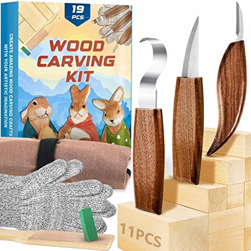 Wood Carving Kit, 19PCS Wood Carving Tools for Beginners Whittling Kit with 3PCS Whittling Knife 11PCS Basswood Blocks & Strop Block & Gloves & & Polishing Compound Wood Carving Set Hobbies for Adults