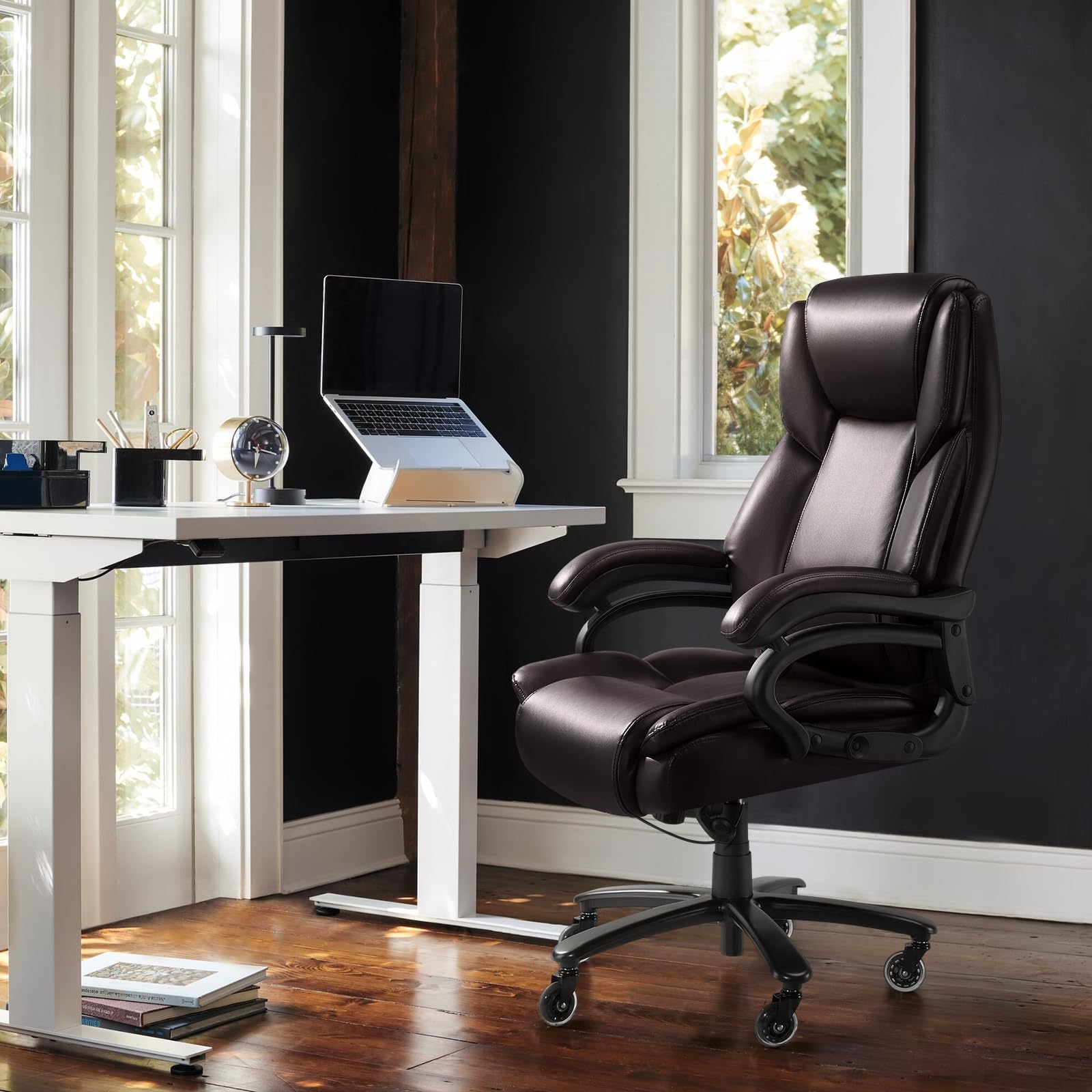Waleaf Heavy Duty Office Chair 500lbs, Big and Tall Office Chair for Heavy People, Adjustable Ergonomic Lumbar Support Executive Office Chair with High Back with Quiet Rubber Wheels (Brown)