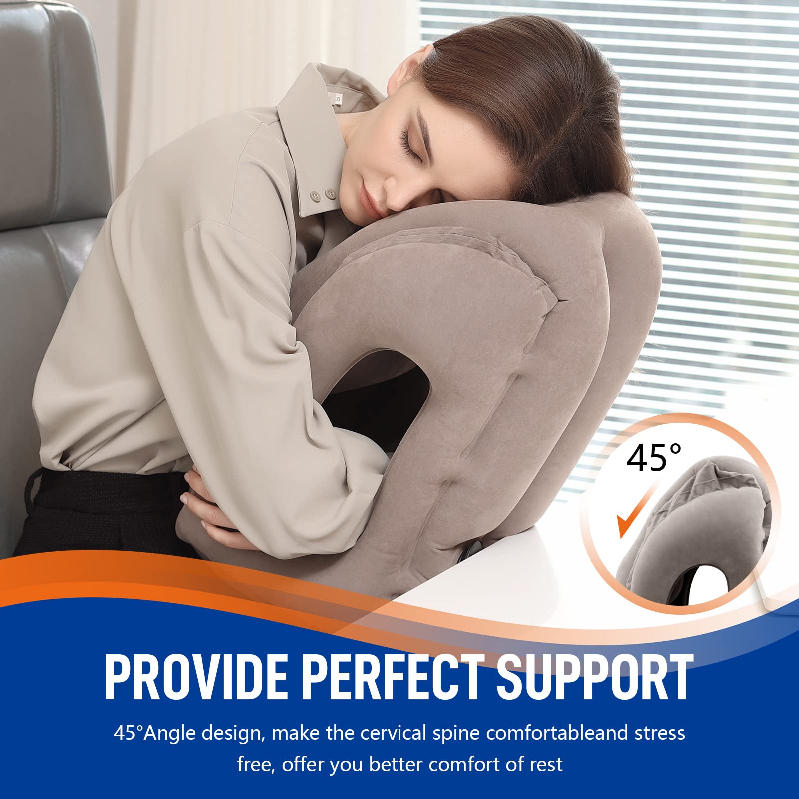 KINSCO Inflatable Travel Pillow,Airplane Neck Pillow for Airplane, Train, car Backseat, Office Lunch Break, Provides You a Comfortable Sleeping Environment. Portable Drawstring Bag (Gray)
