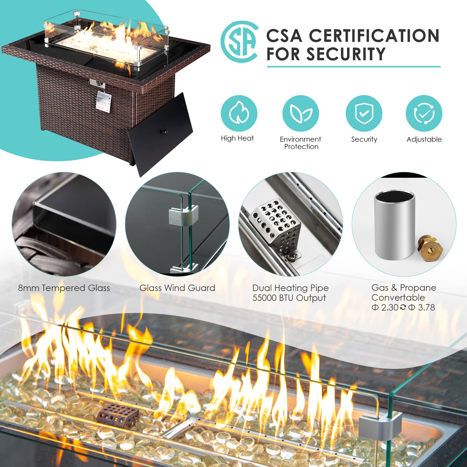 RADIATA PE Wicker Patio Furniture Set Sectional High Back Large Size Sofa Sets with Propane Fire Pit Table 55000 BTU Balcony Rattan Lounge Conversation Sets for Outdoor (6 Pieces,Brown)