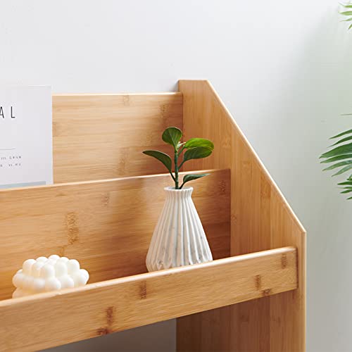 AbocoFur Bamboo Floor Book and Magazine Display Shelf, 20.67"(L) x10.63(W) x30.71(H), Multifunction Free Standing Organizer Storage Rack, Small Bookcase for Home, Office, Burlywood