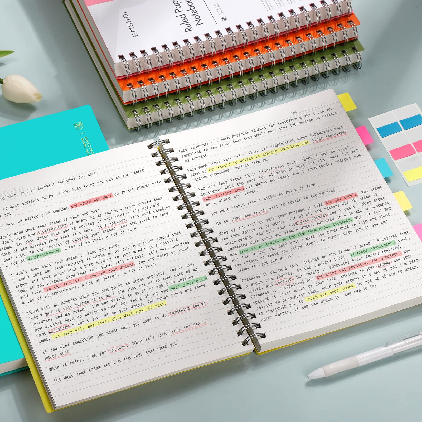 EMSHOI A4 Spiral Notebook College Ruled Lined Journal, 11.2" x 8.27", 300 Pages, 100gsm Thick Paper, Waterproof Softcover, Twin-Wire Binding, Sticky Notes, LightBlue