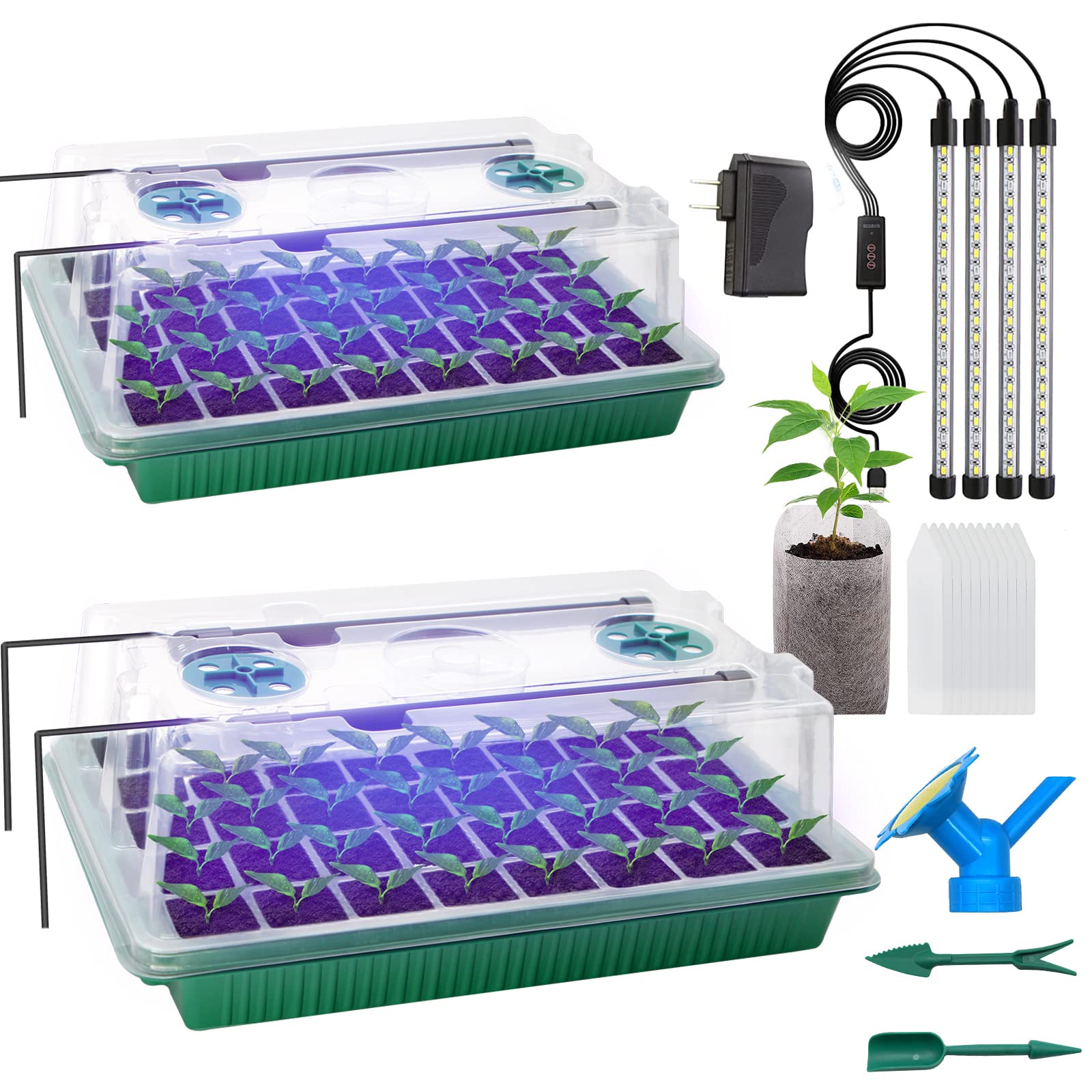 MQFORU 2 Pack Seed Starter Trays with Grow Light, 80 Cell Seed Starter Kit with Timer, Adjustable Domes, Plant Starter Trays Kit for Propagation, Cloning Plants, Seed Germination