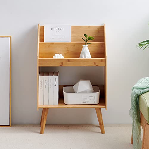 AbocoFur Bamboo Floor Book and Magazine Display Shelf, 20.67"(L) x10.63(W) x30.71(H), Multifunction Free Standing Organizer Storage Rack, Small Bookcase for Home, Office, Burlywood