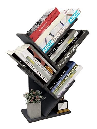 HUAWIND Small Bookshelf Tree Bookshelf,Desktop Book Organizer,5-Tier Floor Standing Bookcase,Can Place Books,Magazines and CDs (Black)