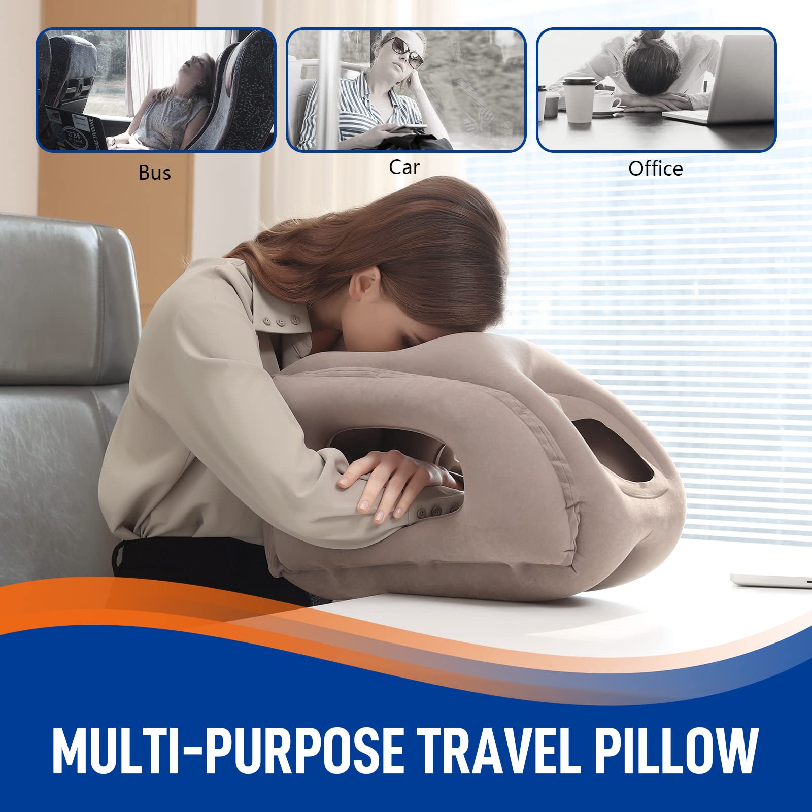 KINSCO Inflatable Travel Pillow,Airplane Neck Pillow for Airplane, Train, car Backseat, Office Lunch Break, Provides You a Comfortable Sleeping Environment. Portable Drawstring Bag (Gray)