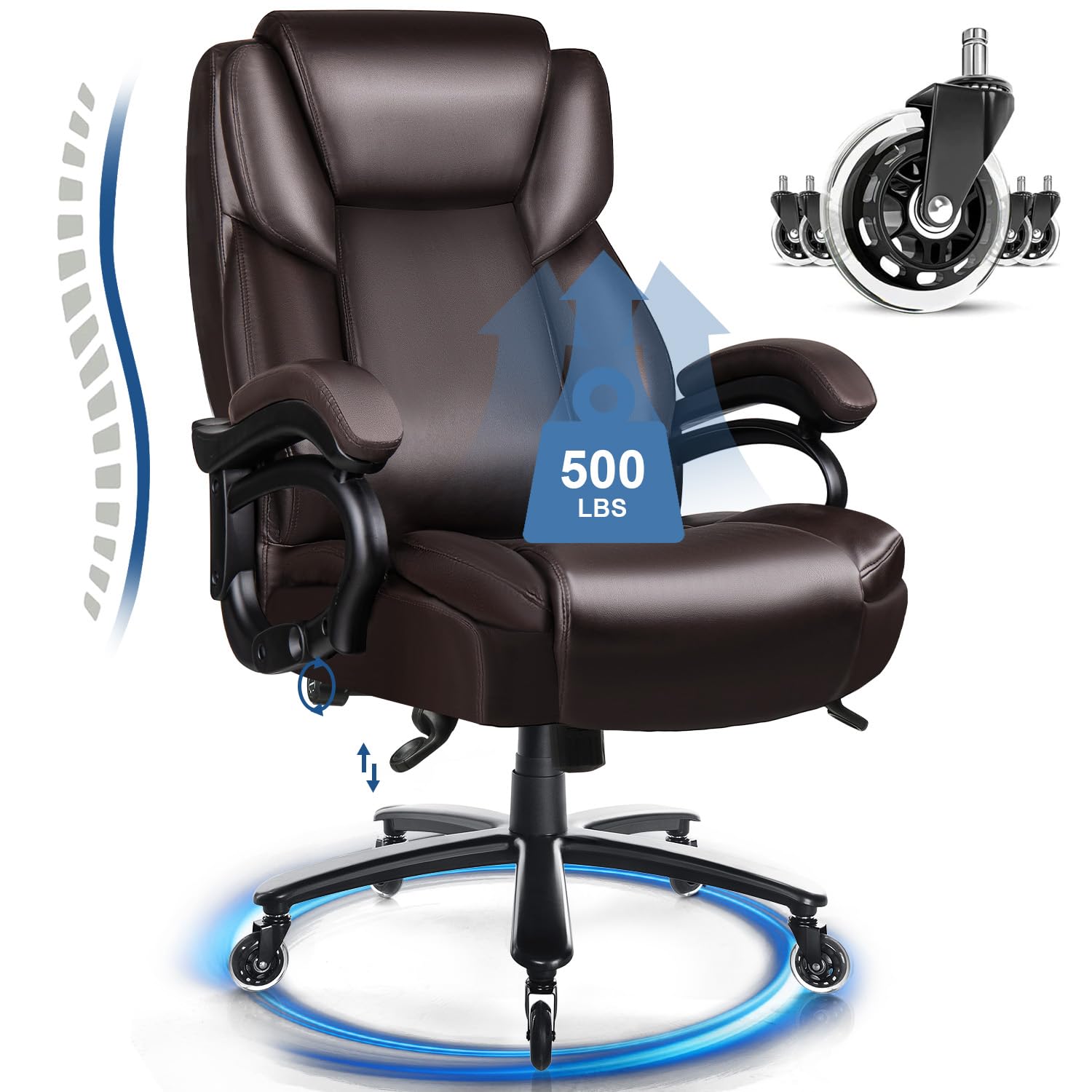 Waleaf Heavy Duty Office Chair 500lbs, Big and Tall Office Chair for Heavy People, Adjustable Ergonomic Lumbar Support Executive Office Chair with High Back with Quiet Rubber Wheels (Brown)