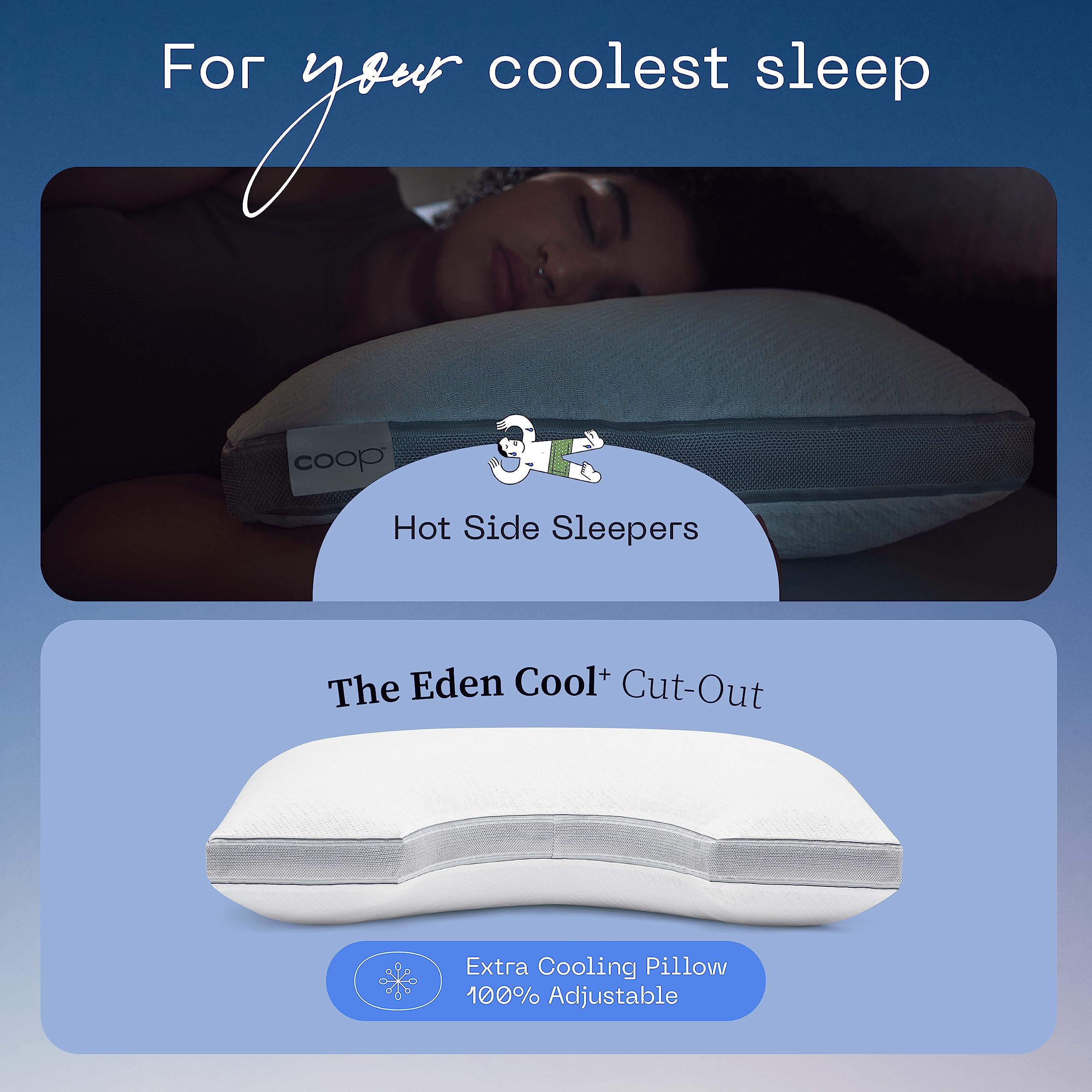 Coop Home Goods Eden Cool+ Cut-Out Adjustable Pillow Queen with Cooling Gel & Shoulder Cut-Out for Head Support, Side Sleeper Pillow, Neck Support for Sleeping, CertiPUR-US/GREENGUARD Gold