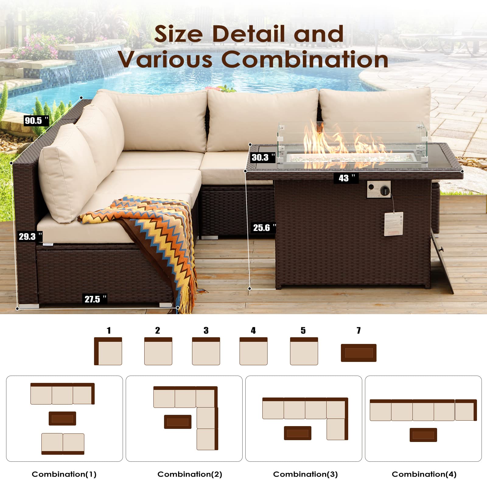 RADIATA PE Wicker Patio Furniture Set Sectional High Back Large Size Sofa Sets with Propane Fire Pit Table 55000 BTU Balcony Rattan Lounge Conversation Sets for Outdoor (6 Pieces,Brown)