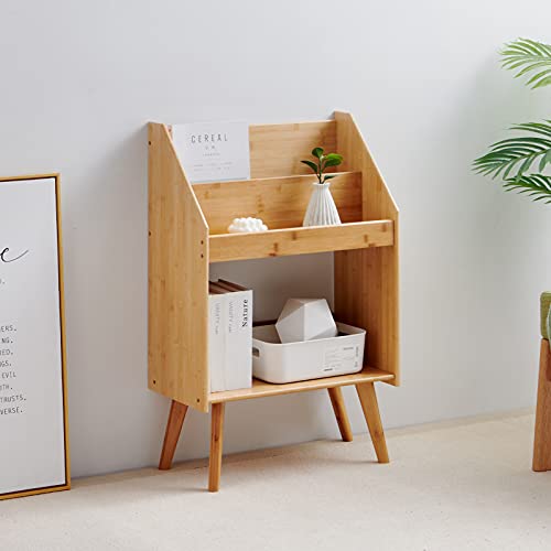 AbocoFur Bamboo Floor Book and Magazine Display Shelf, 20.67"(L) x10.63(W) x30.71(H), Multifunction Free Standing Organizer Storage Rack, Small Bookcase for Home, Office, Burlywood