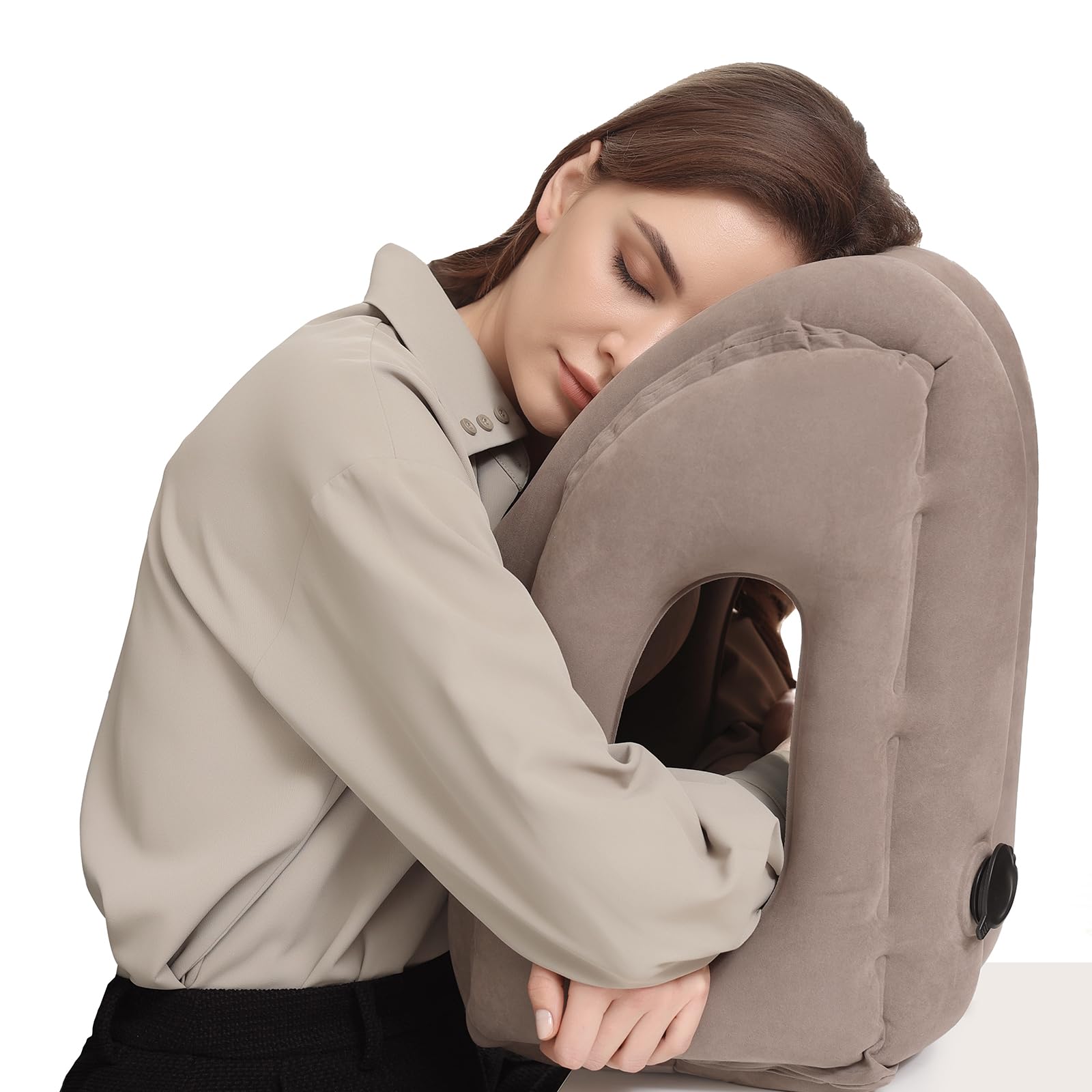 KINSCO Inflatable Travel Pillow,Airplane Neck Pillow for Airplane, Train, car Backseat, Office Lunch Break, Provides You a Comfortable Sleeping Environment. Portable Drawstring Bag (Gray)