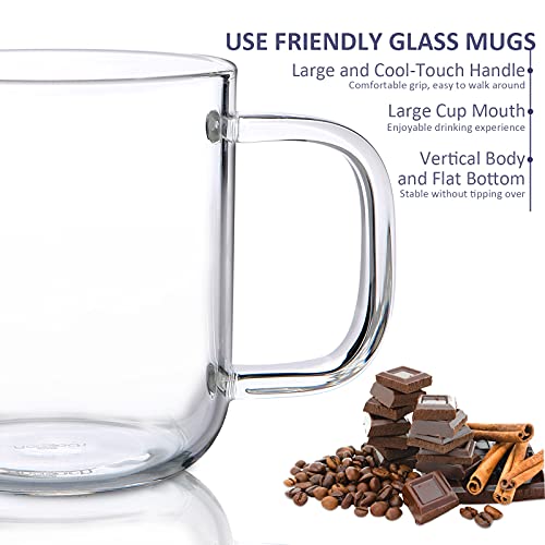 Aquach Glass Mugs 16 oz Set of 2, Large Clear Glass Cup with Handle for Hot/Cold Coffee Tea Beverage, Thicker Quality