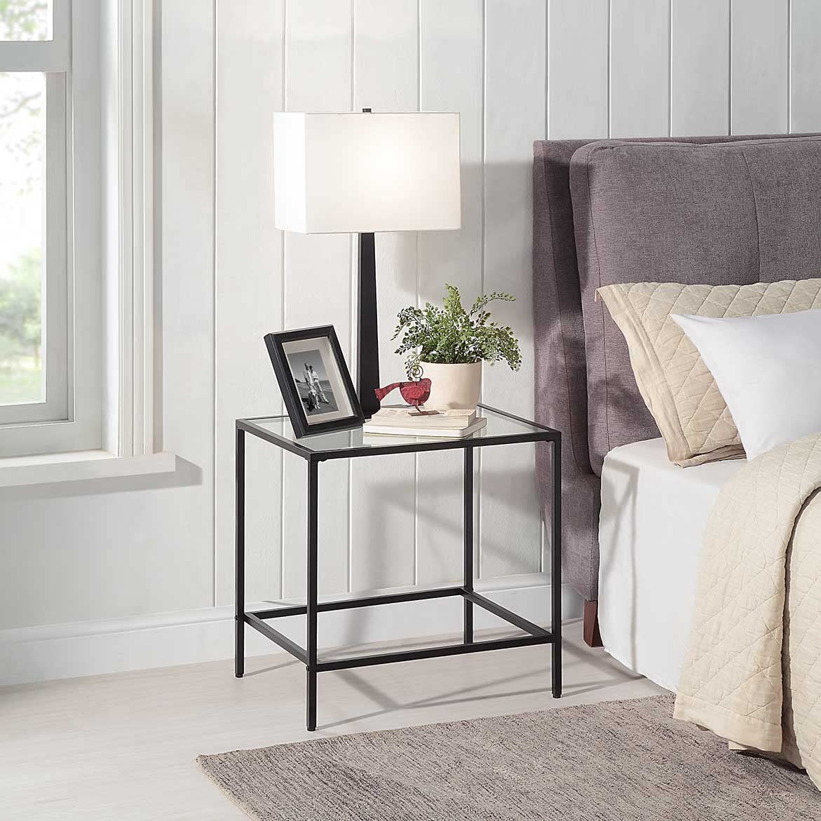 CAWS 22" W Black End Table, Tempered Glass Rectangle Side Table, Night Stand, Modern Minimalist Table, 21.97"L x 18"W x 22"H