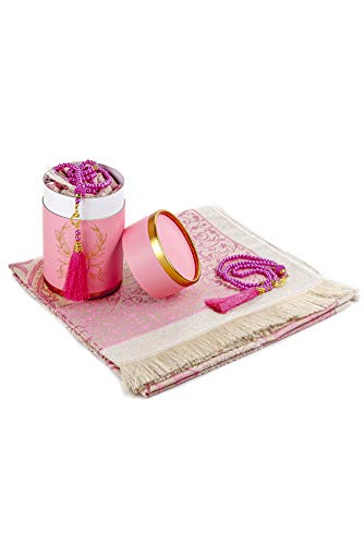 Muslim Prayer Rug and Prayer Beads with Elegant Cylinder Gift Box | Janamaz | Sajadah | Soft Islamic Prayer Rug | Islamic Gifts Set | Prayer Carpet Mat, Taffeta Fabric, Pink