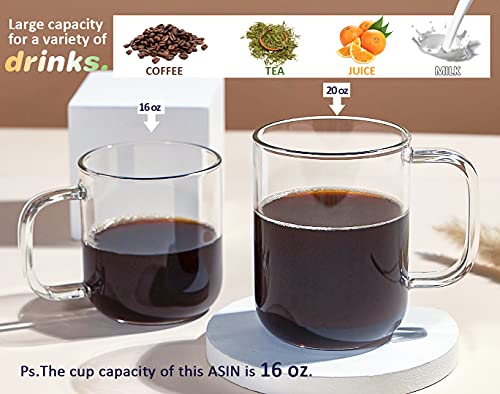Aquach Glass Mugs 16 oz Set of 2, Large Clear Glass Cup with Handle for Hot/Cold Coffee Tea Beverage, Thicker Quality