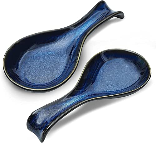 uniidea Ceramic Spoon Rest for Stove Top, Porcelain Spoon Holder, Large Spoon Rest for Kitchen Counter Stove Top, Spoon Rest Blue, Set of 2