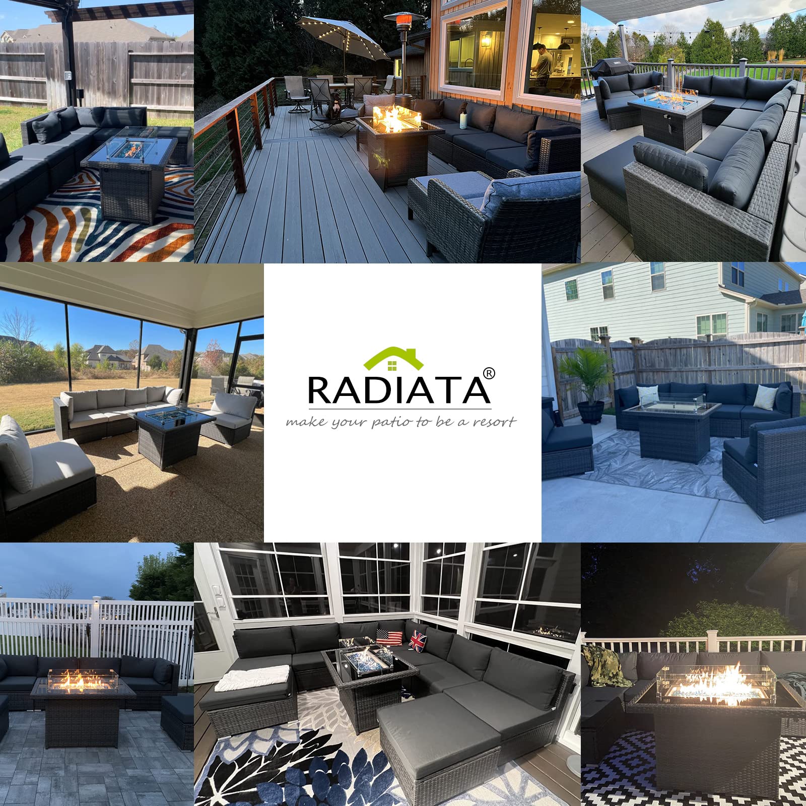 RADIATA PE Wicker Patio Furniture Set Sectional High Back Large Size Sofa Sets with Propane Fire Pit Table 55000 BTU Balcony Rattan Lounge Conversation Sets for Outdoor (6 Pieces,Brown)