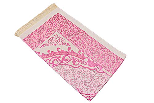 Muslim Prayer Rug and Prayer Beads with Elegant Cylinder Gift Box | Janamaz | Sajadah | Soft Islamic Prayer Rug | Islamic Gifts Set | Prayer Carpet Mat, Taffeta Fabric, Pink