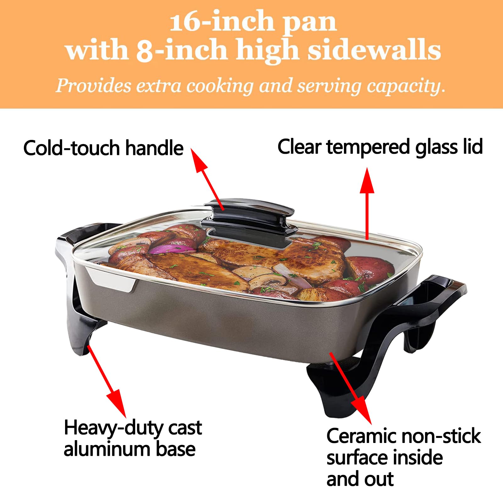 16" Grey Ceramic Electric Skillet - Roast fry grill stew bake make casseroles and more
