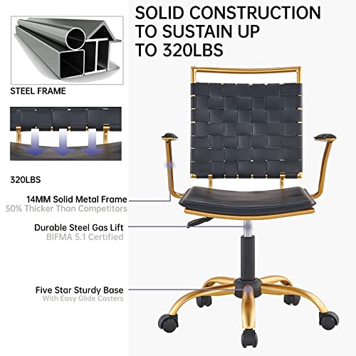 CAROCC Modern Leather Desk Chiar Gold and Black Office Chair Cute Desk Chiar Mid Back Conference Chairs with Wheels and Arms Comfortable Computer Swivel Task Chair(Black)