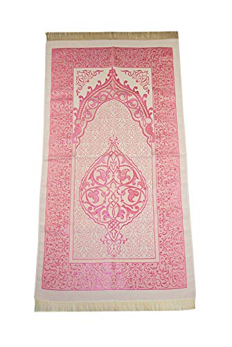 Muslim Prayer Rug and Prayer Beads with Elegant Cylinder Gift Box | Janamaz | Sajadah | Soft Islamic Prayer Rug | Islamic Gifts Set | Prayer Carpet Mat, Taffeta Fabric, Pink