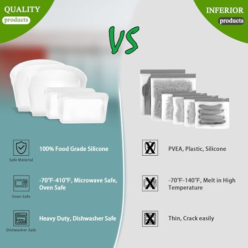 KVK Silicone Reusable Food Storage Bags, 4 Pack Heavy Duty Leakproof Ziplock Bags, Oven, Microwave & Dishwasher Safe, 100% Food Grade Silicone