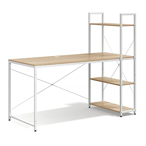 Ames 55" Reversible Gaming Computer Desk with Adjustable Shelves, Home Office Desk, Grommet Cable-Management, Leveler Feet, Easy Assembly, White/White Oak