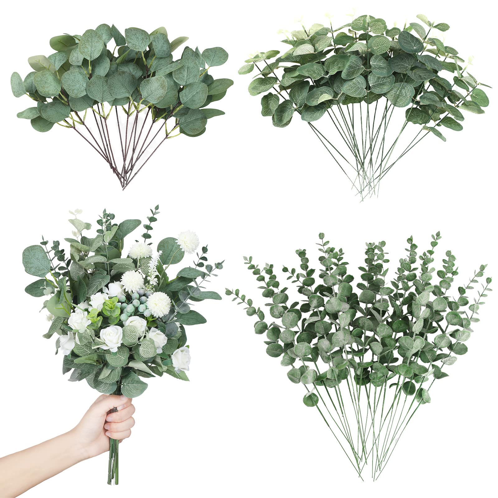 Giegxin 90 Pcs 3 Kinds Mixed Eucalyptus Leaves Stems Bulk Artificial Silver Dollar Leaves Picks Dried Eucalyptus Bundle Faux Spray for Wedding Vase Bouquet Floral Arrangement (Green)