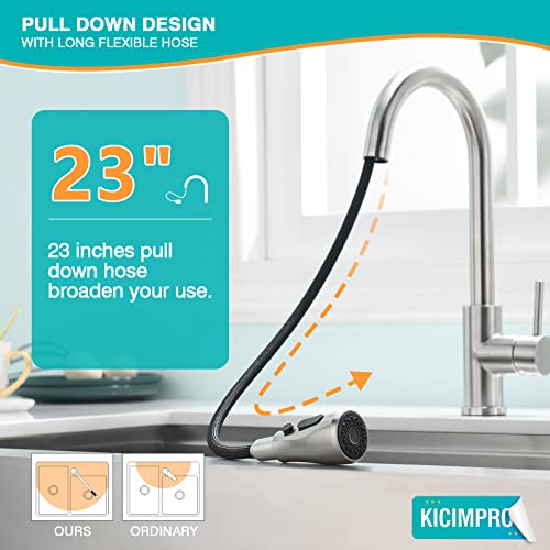 Kicimpro Kitchen Faucet with Pull Down Sprayer Brushed Nickel, High Arc Single Handle Kitchen Sink Faucet with Water Lines, Commercial Modern rv Stainless Steel Kitchen Faucets, Grifos De Cocina