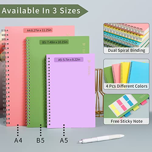 EMSHOI Graph Paper Spiral Notebook, 4 Pack 5.7" x 8.22" A5 Small Grid Notebook, 640 Pages 100gsm Thick Graph Journal with Sticky Notes, Plastic Hardcover, Yellow, Blue, Green, Pink