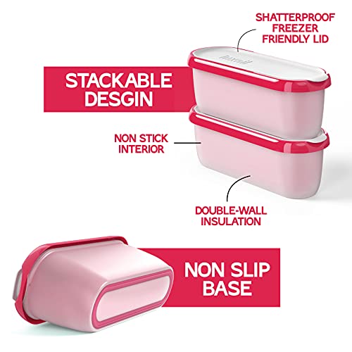 Ice Cream containers for homemade ice cream, Reusable Storage Freezer ice cream Container With Lids,2 Pack, BPA FREE, Dishwasher Safe Tub. Double Insulated, 1.5 Quart, Red and Burgundy , Non Slip Base, Stackable on Freezer Shelves.