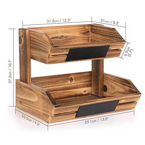 Rustic Fruit Basket, 2 Tier Standing Fruit Basket, Wooden Food Organizer & Retro Vegetable Stand Bread Racks, Farmhouse Food Basket for Kitchen, Office, Dining Room and Guest Room (Need Assemble)