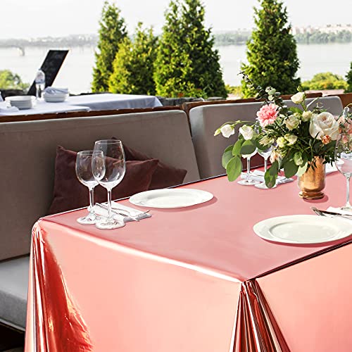 Foil Party Rectangular Table Covers Table Cloth 54 x 108 Inch Shiny Plastic Waterproof Tablecloth Party Table Cover for Wedding Anniversary Engagement Party (Rose Gold, 3 Pieces)