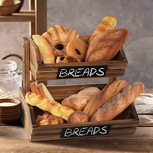 Rustic Fruit Basket, 2 Tier Standing Fruit Basket, Wooden Food Organizer & Retro Vegetable Stand Bread Racks, Farmhouse Food Basket for Kitchen, Office, Dining Room and Guest Room (Need Assemble)