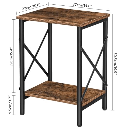 MAHANCRIS Small Side Table, 2-Tier Narrow End Table with Storage, X-Shaped Narrow Nightstand, Bedside Table for Small Spaces, Steel Frame, Living Room, Bedroom, Easy Assembly, Rustic Brown ETHR2801Z