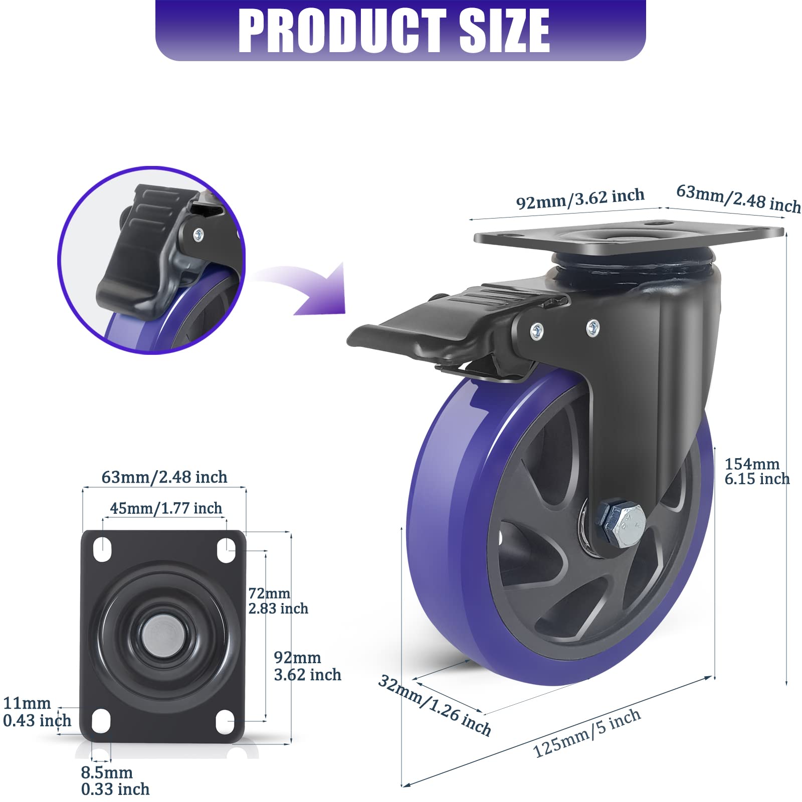 5 Inch Caster Wheels with Brake, Heavy Duty Casters Set of 4 2200lbs, Swivel Casters with Double Ball Bearings, Dual Locking Casters,Wheels for Cart,Furniture,Cabinets,Workbench (Two Hardware Kits