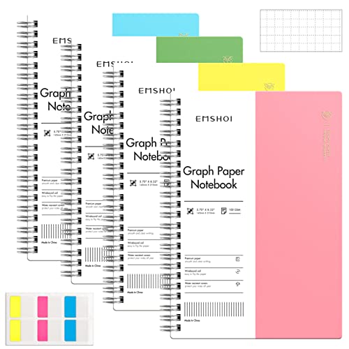 EMSHOI Graph Paper Spiral Notebook, 4 Pack 5.7" x 8.22" A5 Small Grid Notebook, 640 Pages 100gsm Thick Graph Journal with Sticky Notes, Plastic Hardcover, Yellow, Blue, Green, Pink