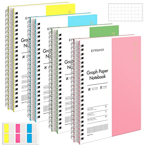 EMSHOI Graph Paper Spiral Notebook, 4 Pack 5.7" x 8.22" A5 Small Grid Notebook, 640 Pages 100gsm Thick Graph Journal with Sticky Notes, Plastic Hardcover, Yellow, Blue, Green, Pink