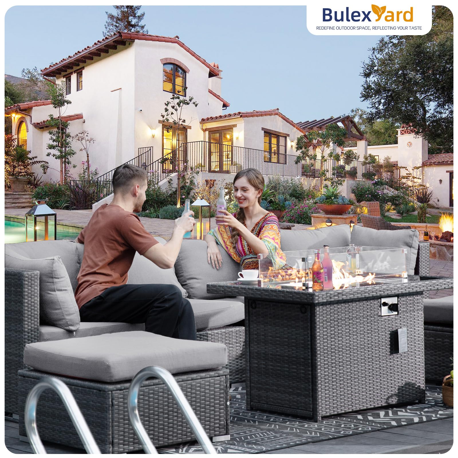 BULEXYARD Grey PE Wicker Patio Furniture Sectional Conversation Sofa Set with 43" Propane/Natural Gas Fire Pit Table, Large Size High Back Outdoor Furniture Set with Fireplace(13Pcs, Light Grey)