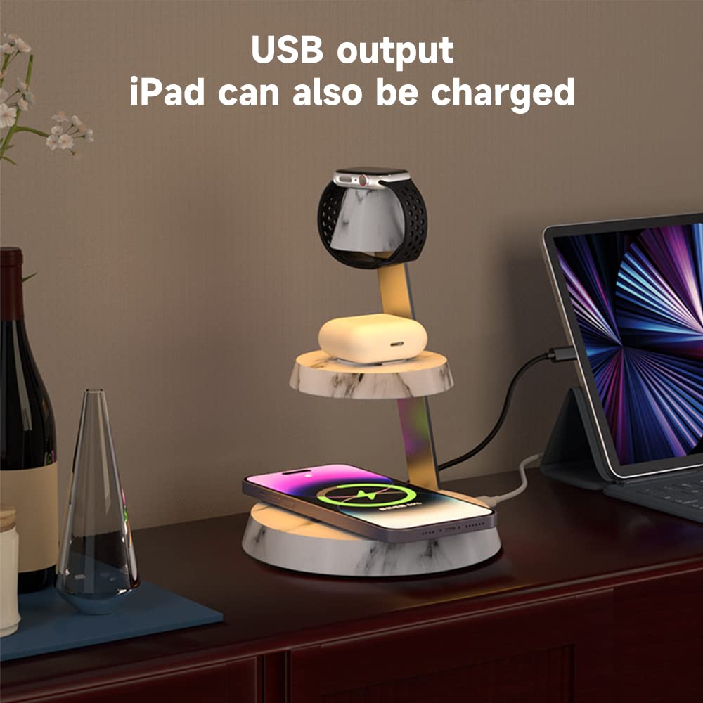 Bedside Lamp with Wireless Charging Station, Touch Control Desk Lamp, Stepless Dimming, 15W Wireless Charger Station for iPhone/Air Pods/Apple Watch, Ideal Gift for Home or Office (Wood Grain)