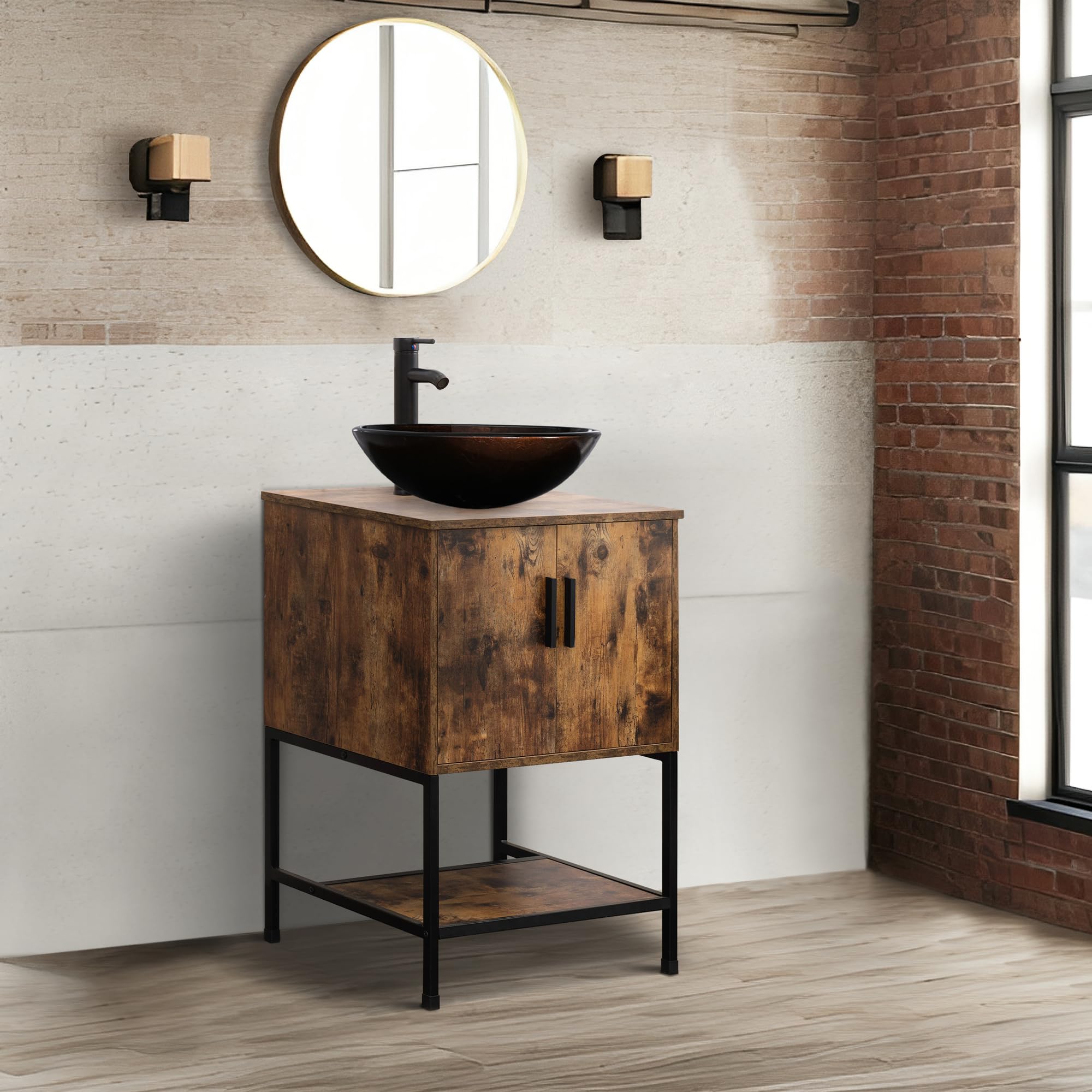 UEV 24" Antique Bathroom Vanity, Dark Brown Bathroom Vanity Set with Sink Combo, Iron Wood Bathroom Cabinet with Adjustable Water Temperature Faucet (A09)