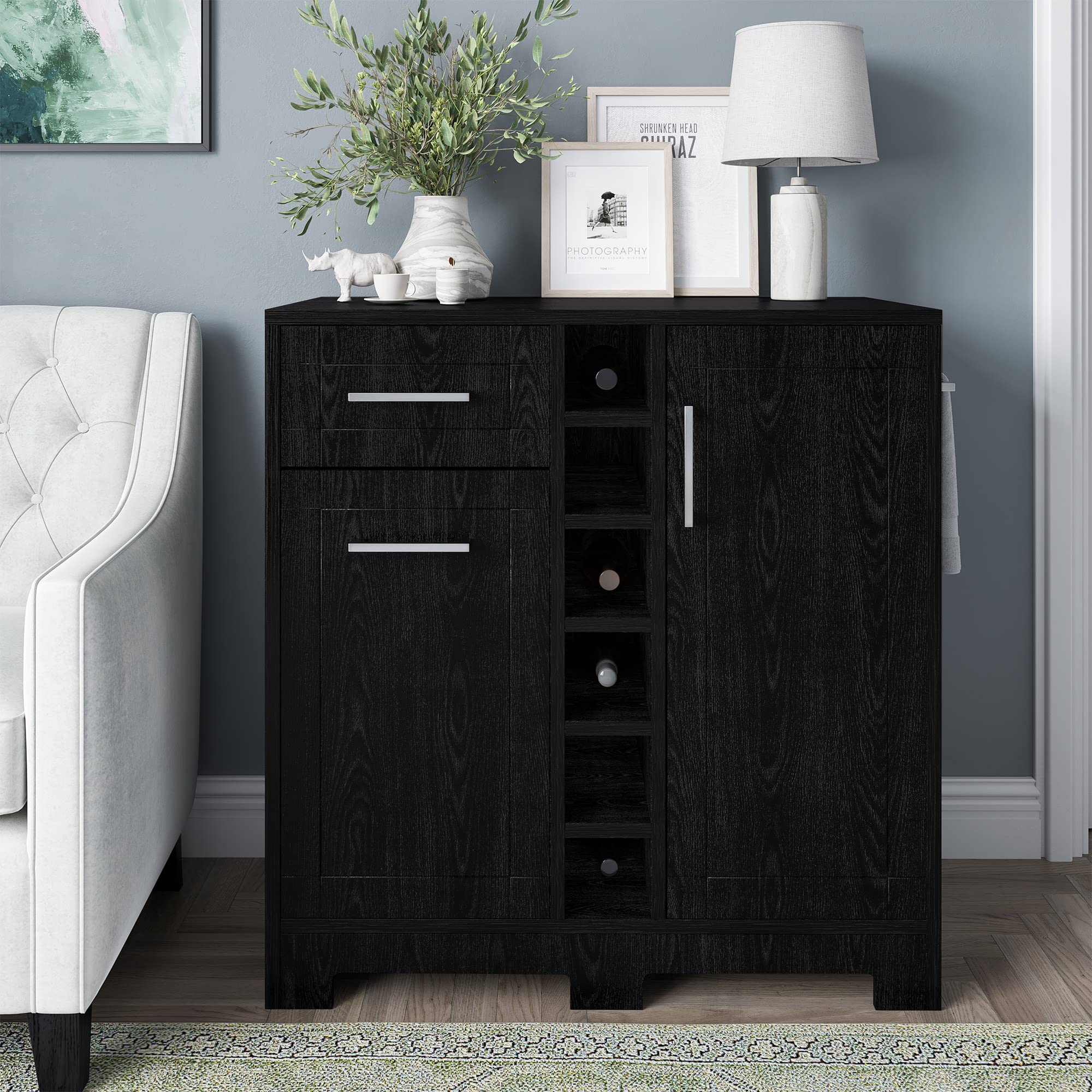 BELLEZE Wine Cabinet with Drawers, Storage Shelves and 6-Bottle Wine Rack, Sideboard Buffet, Coffee Bar, Cupboard for Dining Room, Kitchen, Living Room -Vietti (Light Black)