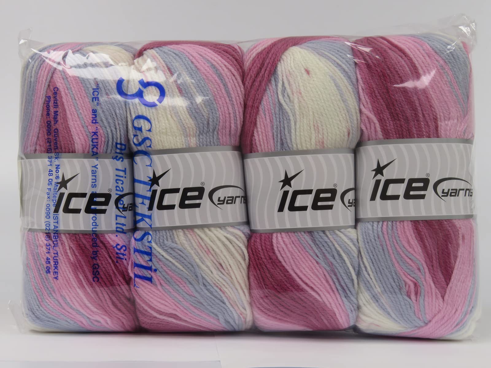 Lot of 4 x 100gr Skeins Ice Yarns Baby Batik Yarn Pink Shades Light Blue Shades White