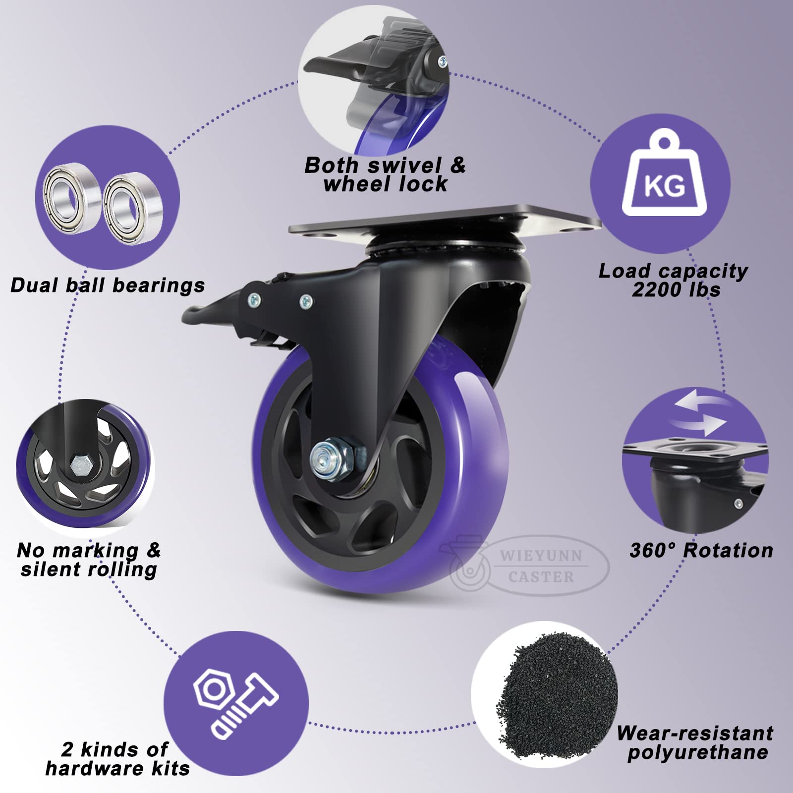 5 Inch Caster Wheels with Brake, Heavy Duty Casters Set of 4 2200lbs, Swivel Casters with Double Ball Bearings, Dual Locking Casters,Wheels for Cart,Furniture,Cabinets,Workbench (Two Hardware Kits