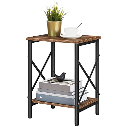 MAHANCRIS Small Side Table, 2-Tier Narrow End Table with Storage, X-Shaped Narrow Nightstand, Bedside Table for Small Spaces, Steel Frame, Living Room, Bedroom, Easy Assembly, Rustic Brown ETHR2801Z